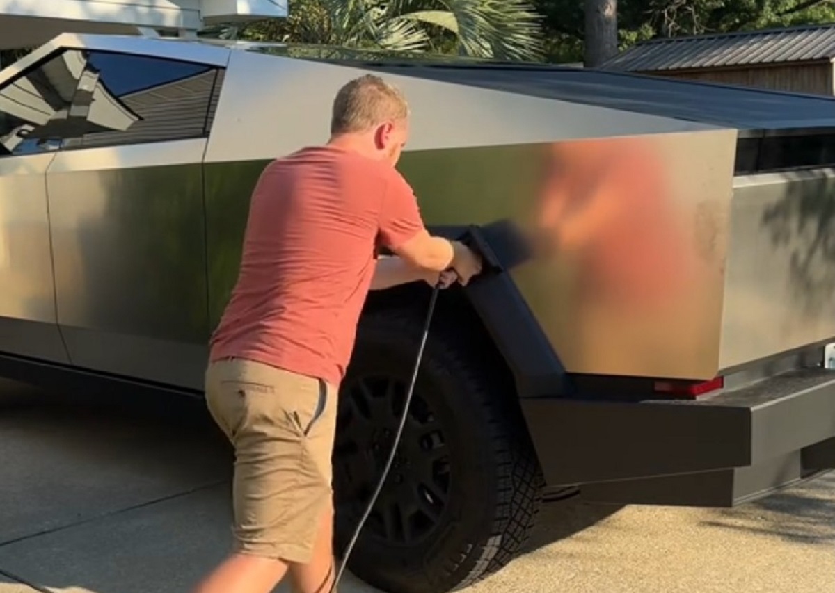 Man Annoyed When Charging Cable Gets Stuck in Cybertruck